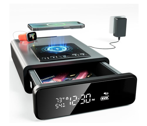 Biometric Discreet Gun Safe, 12-Hour Alarm Clock/Wireless Charging ...