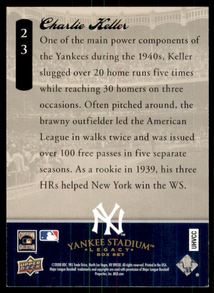 2008 Upper Deck Yankee Stadium Legacy #23 Charlie Keller Yankees Box ...