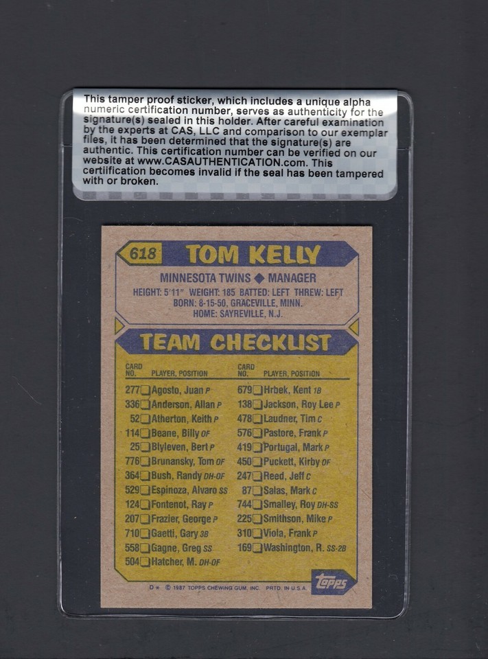 Tom Kelly Autographed 1987 Topps Baseball Card #618 Twins CAS Authentic ...