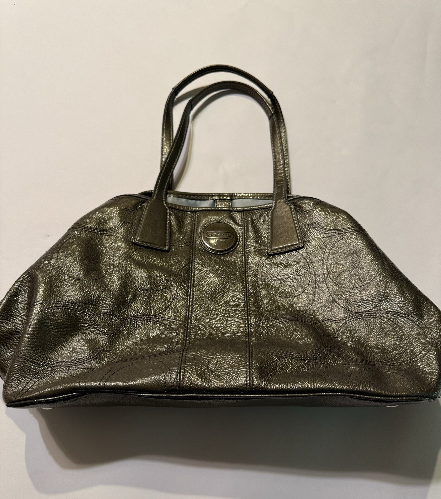 Coach Signature Stitch Patent Leather Metallic Olive … - Gem
