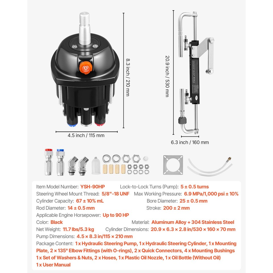 Uimoso Hydraulic Steering Kit 90HP with Helm Pump andCylinder for Boat ...