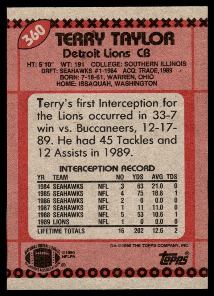 1990 Topps #360 Terry Taylor Detroit Lions | eBay