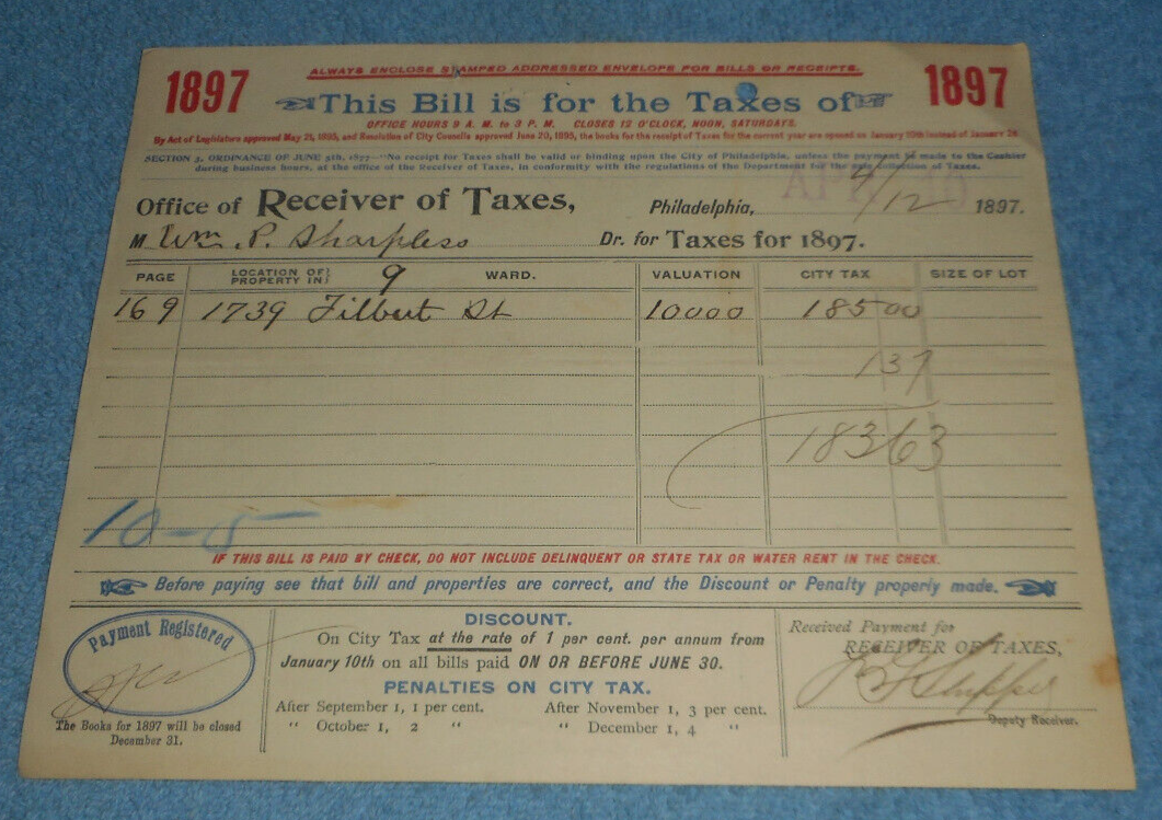1897 Tax Collection Bill City of Philadelphia PA Payment Receipt | eBay