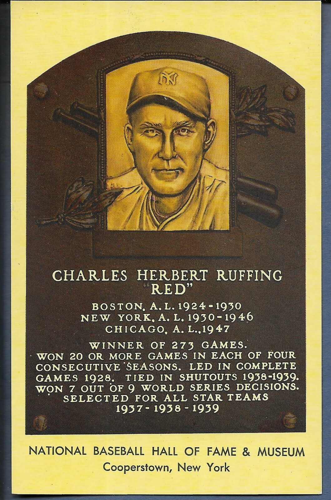 Charles Herbert "RED" Ruffing - Cooperstown Hall of Fame Plaque ...