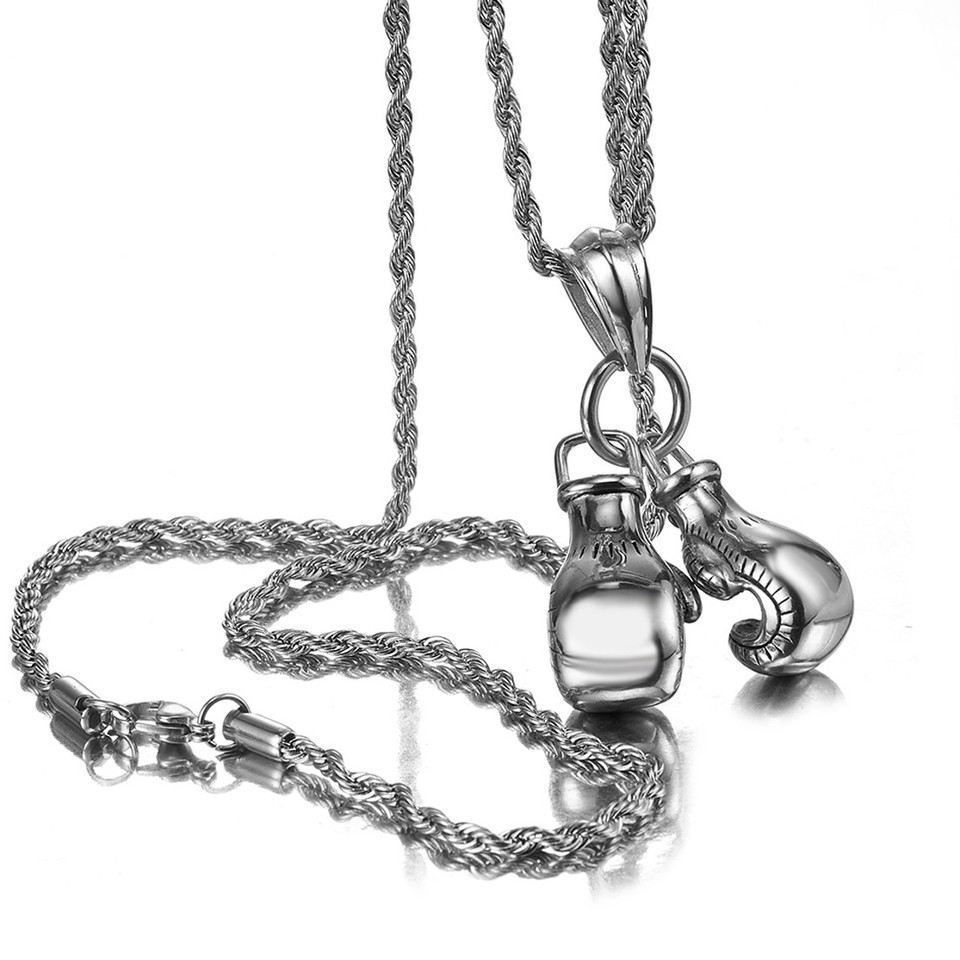 Boxing Glove Pendant Charm Stainless Steel Silver 24" Rope Chain ...