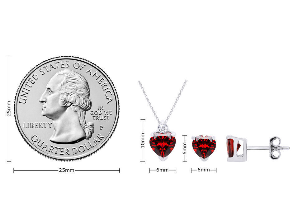 Heart Pendant Necklace & Stud Earrings Set Simulated Garnet 925 ...
