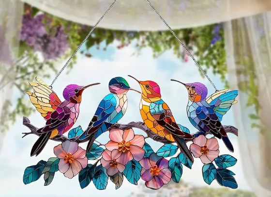 SUNCATCHER- Elegant Hummingbirds 8x5, Window Hanging Decor, Acrylic | eBay
