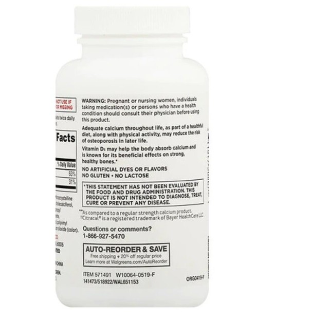Walgreens Calcium Citrate 400mg 12.5mcg D3 per serving 200 tablets for ...