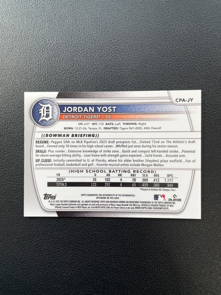 2025 Bowman Draft #CPA-JY Jordan Yost 1st Prospect Auto Yellow 05/75 ...