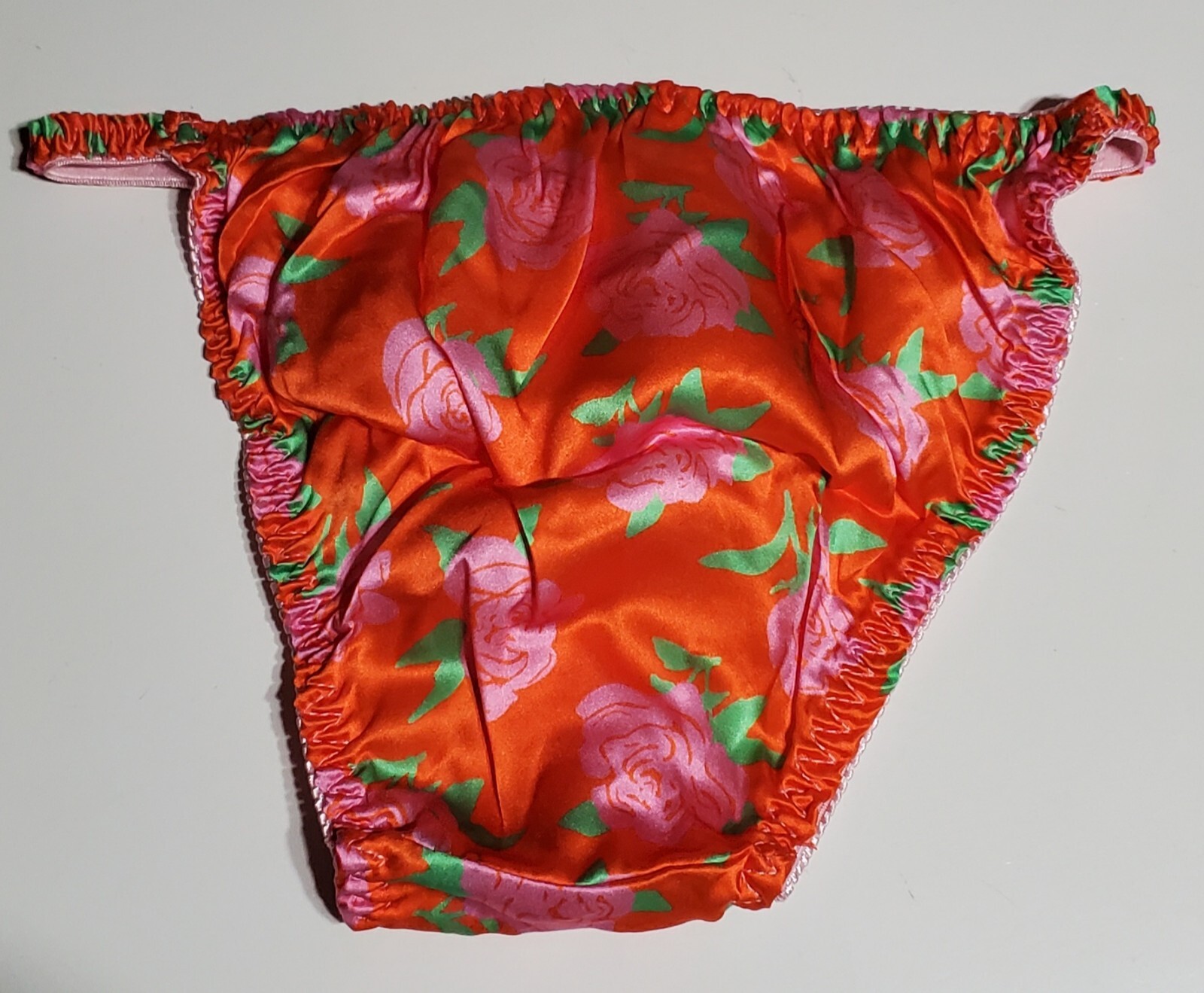 Shiny Double SILK Gusset String Bikini Panty Wet Look 7/L PINK FLORAL ...