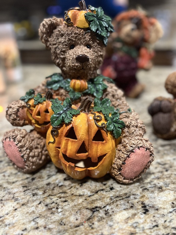 3pc Vintage 2000 Plaster Halloween Ghost Teddy Bears w Pumpkins 10.5 ...