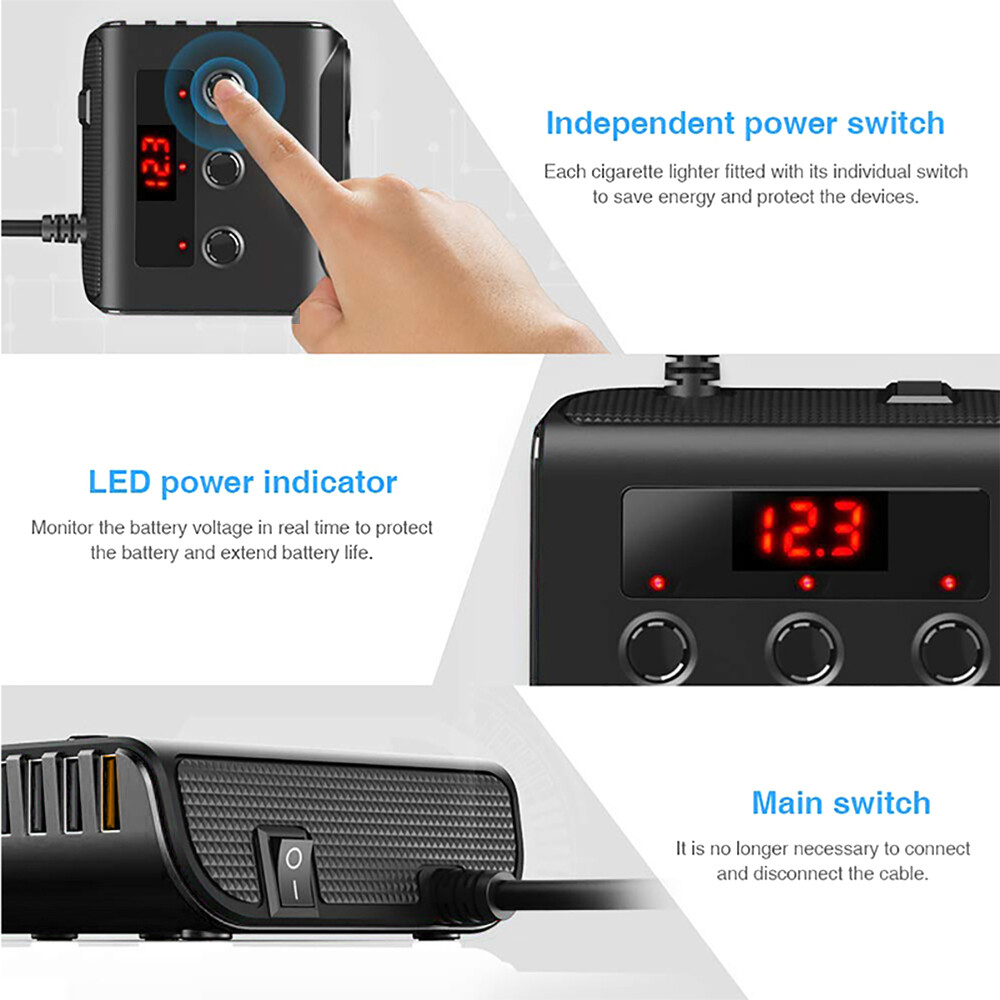 USB 3 Way Multi Socket Car Cigarette Lighter Splitter Charger 12V 24V ...