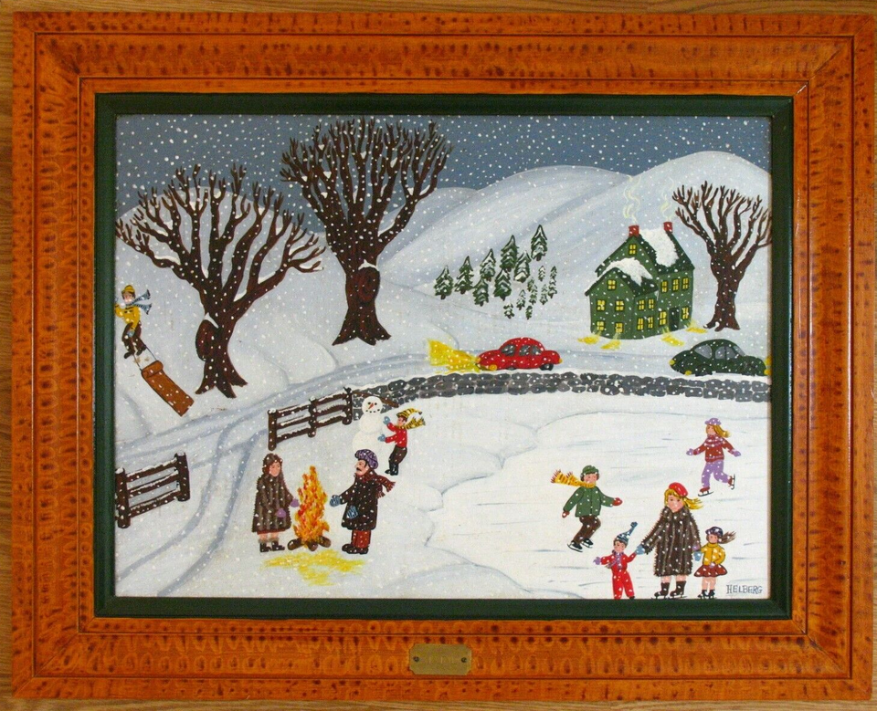 KRISTIN HELBERG "Main" Folk Art Winter Village Scene Oil on Panel ...
