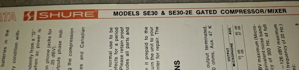 Manual for SHURE SE30 SE30-2E Gated Compressor | eBay