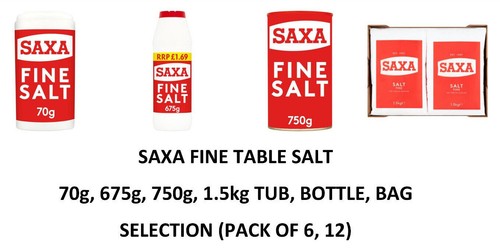SAXA Fine Table Salt 70g, 675g, 750g, 1.5kg Tub, Bottle, Bag Multipack ...