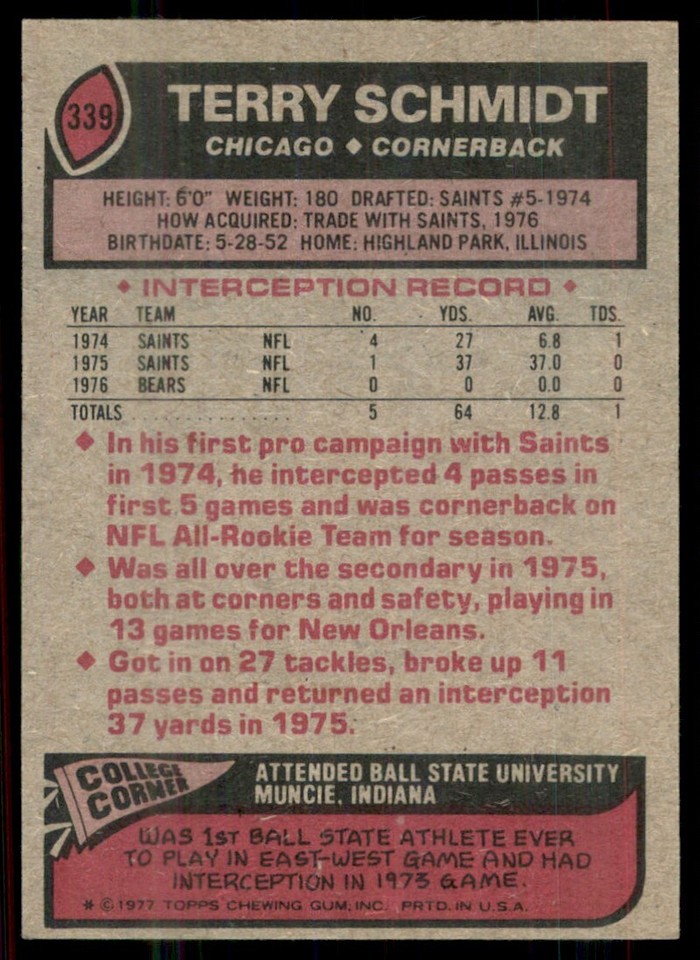 1977 Topps Terry Schmidt Chicago Bears #339 | eBay