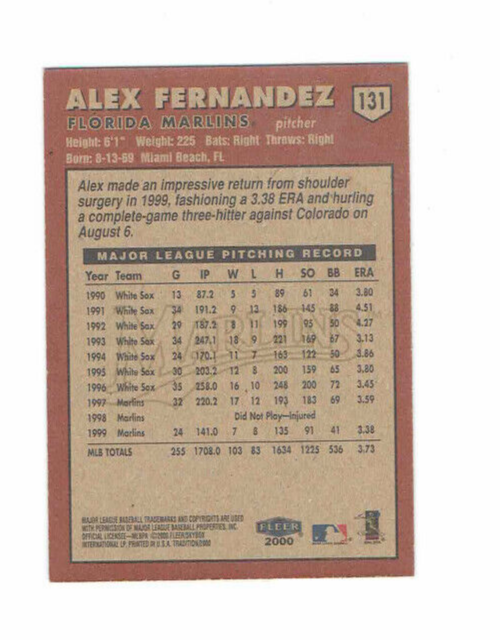 Alex Fernandez Florida Marlins Pitcher #131 Fleer 2000 #Baseball Card ...