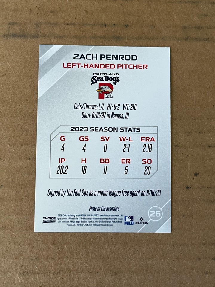 Zach Penrod 2024 Portland Sea Dogs Team Card Red Sox #26 | eBay