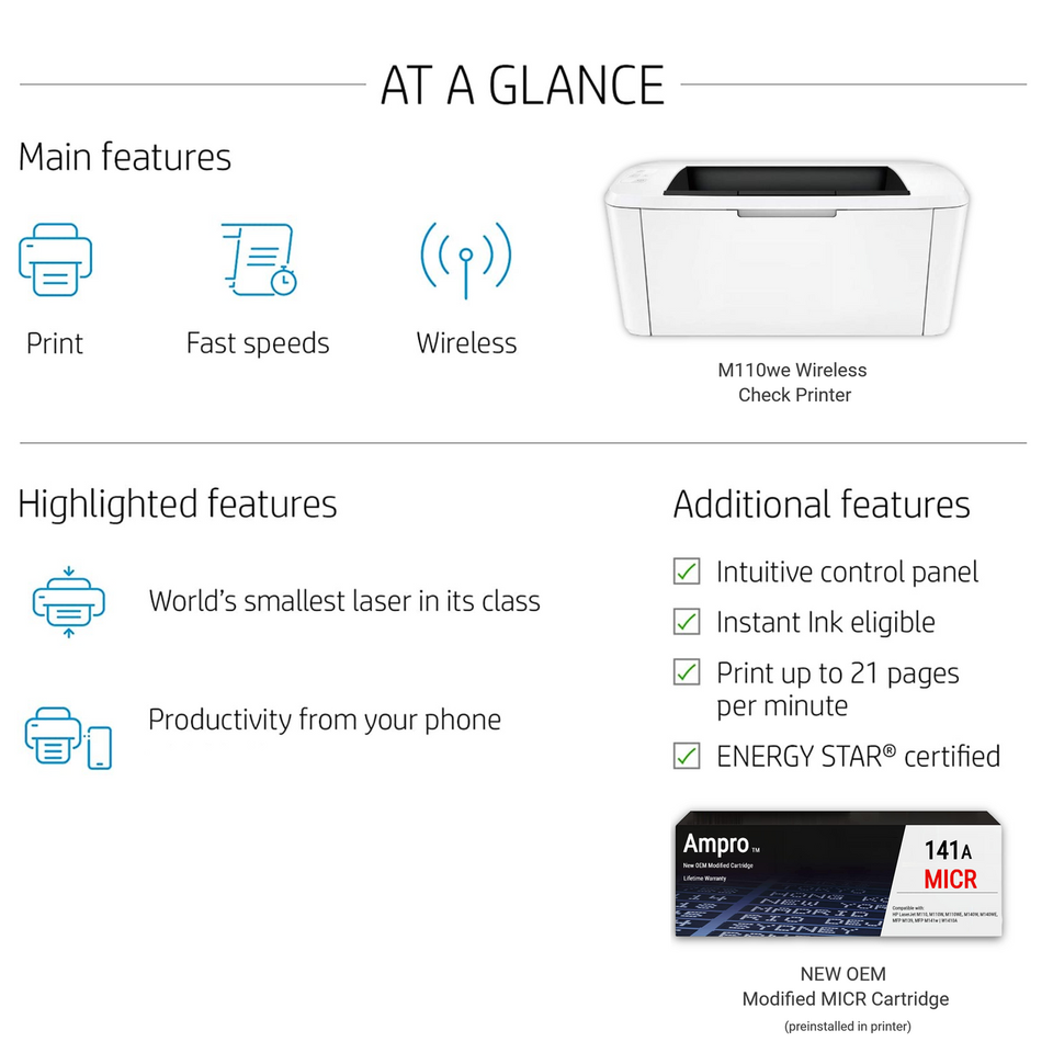 HP LaserJet M110we Wireless Printer + OEM 141A MICR Ink for printing ...