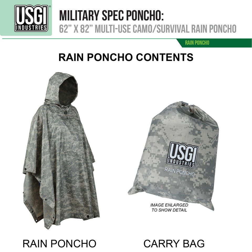USGI Industries Military Style Multi-Use Rip Stop Rain Poncho (Colors ...
