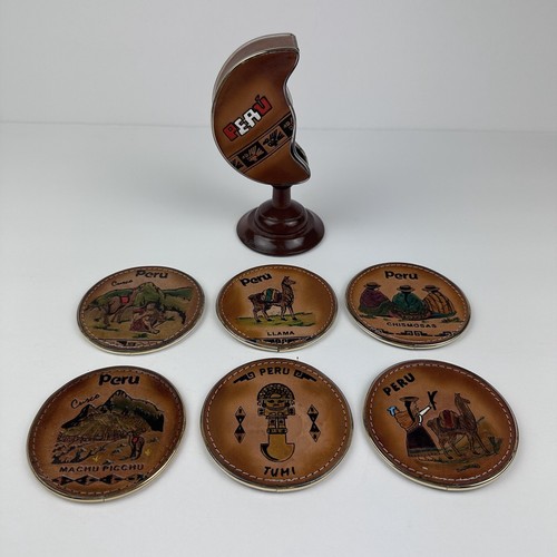 Peru Coaster Set Handtooled Leather w/holder. Llama Machu Picchu Round ...