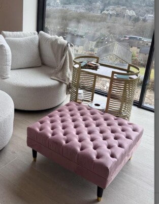 HANDMADE FOOTSTOOL LARGE PLUSH SOFT VELVET WITH BLACK WOODEN LEGS | eBay UK