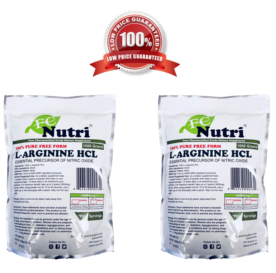 L-Arginine HCL Powder 100%pure x 2 Bags 2.2lb Total (2000 grams) by FDC ...