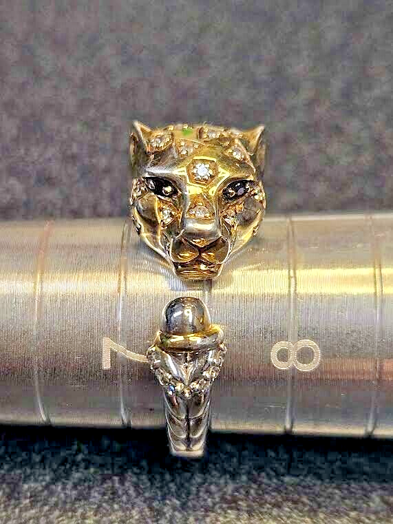 EFFY Silver/Gold Diamonds & Sapphire PANTHER SIG. RING SIZE 7.5 US ...