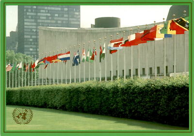 United Nations postcard with member states' flags. Valued at 15 cents ...