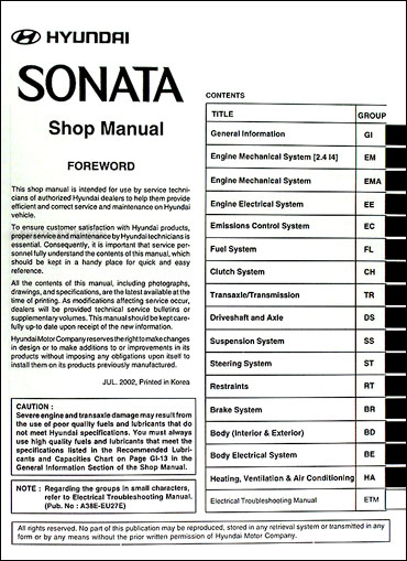 2003 Hyundai Sonata Original Shop Manual 03 GLS LX Repair Service Book ...