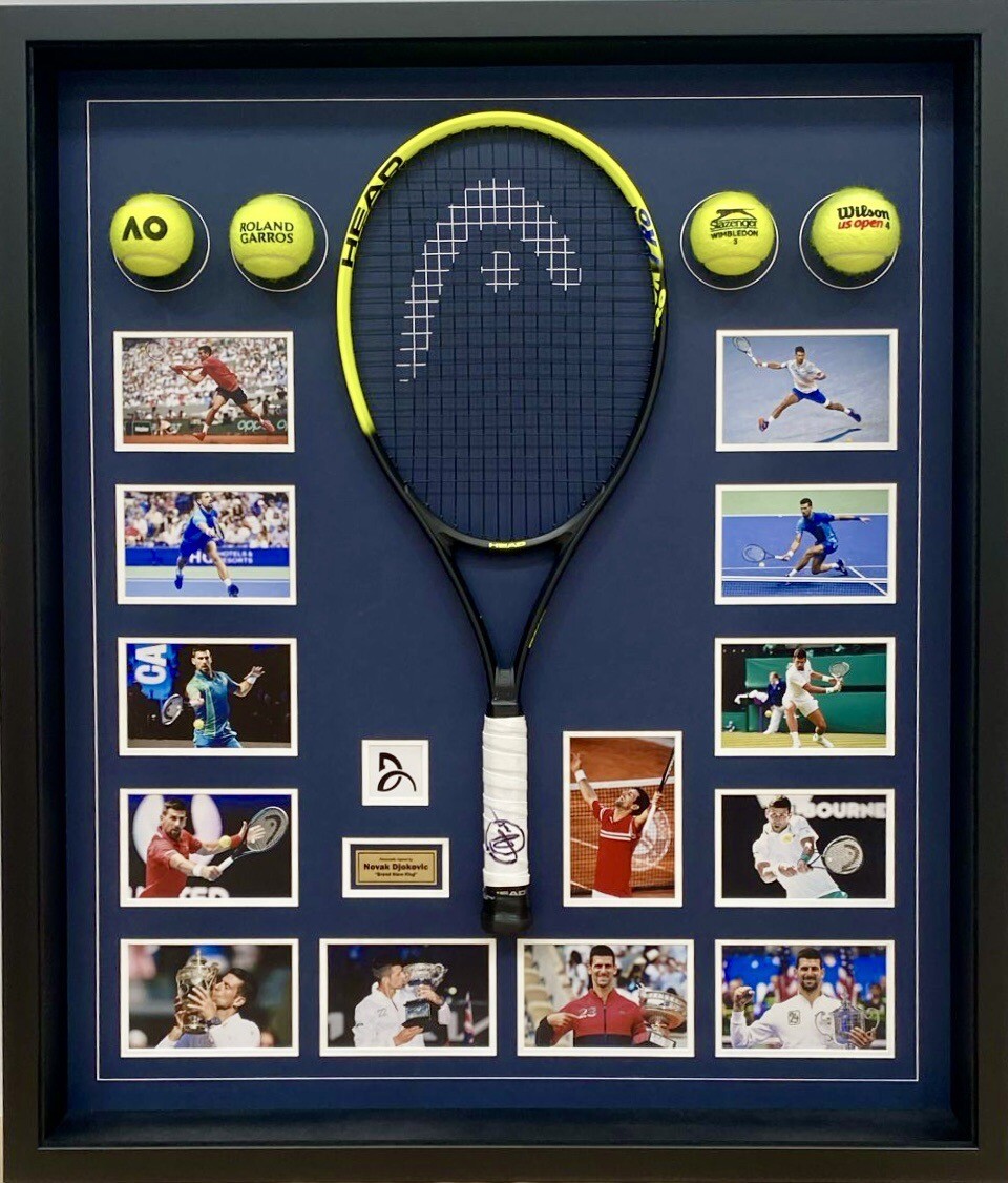 NOVAK DJOKOVIC Signed Tennis Racquet + Photos + Grand Slam Balls FRAMED ...