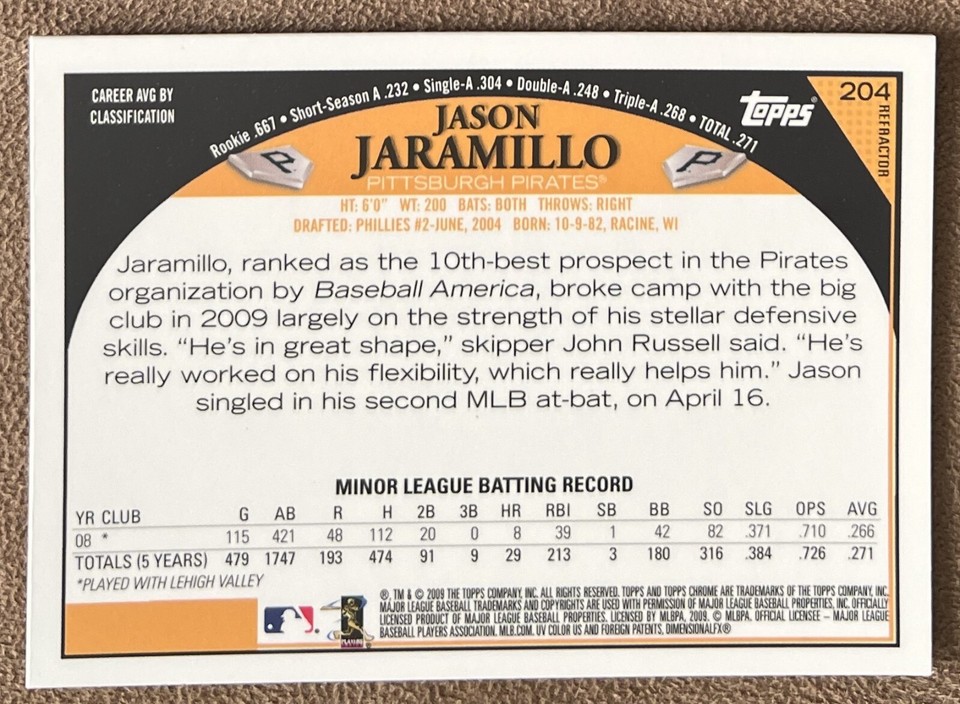 Jason Jaramillo 2009 Topps Chrome Rookie Refractor #204 Pirates ...