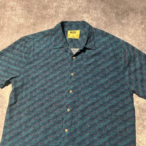 Vintage Retro Short Sleeve Button Up Shirt Men's XL Teal Blue Wave ...