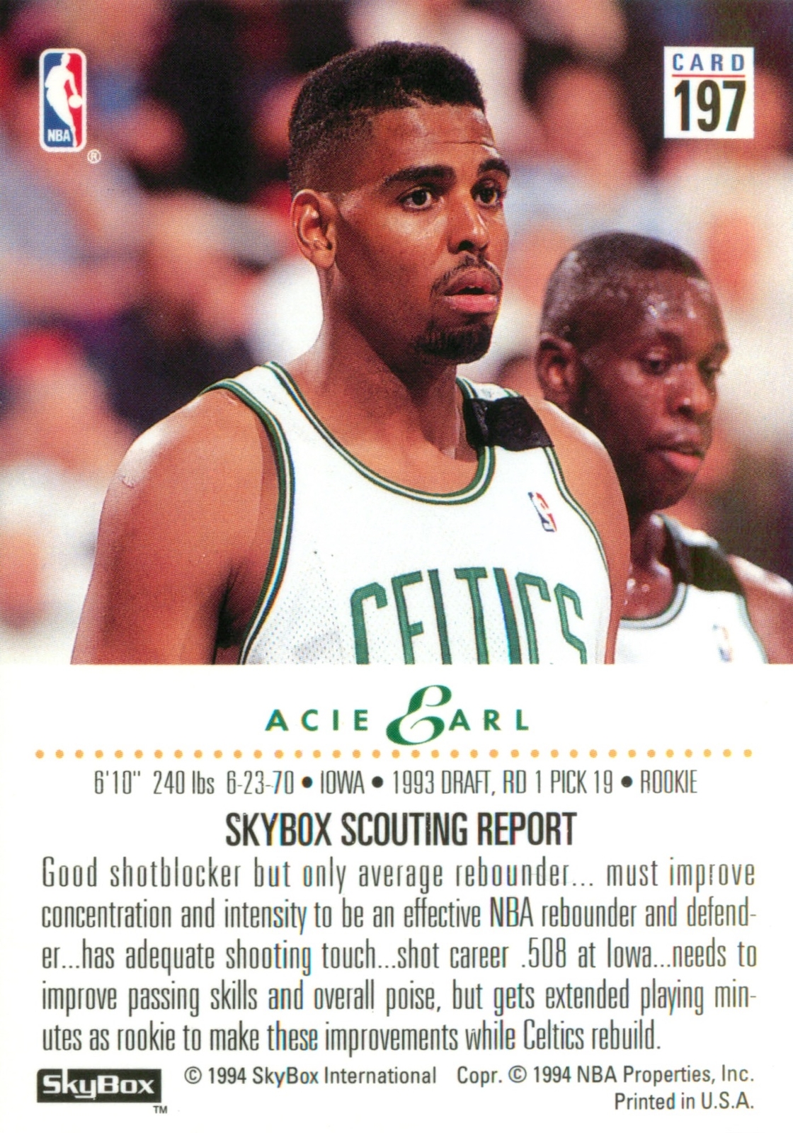 Acie Earl RC 1993-94 SkyBox Basketball Rookie Card # 197 Boston Celtics ...