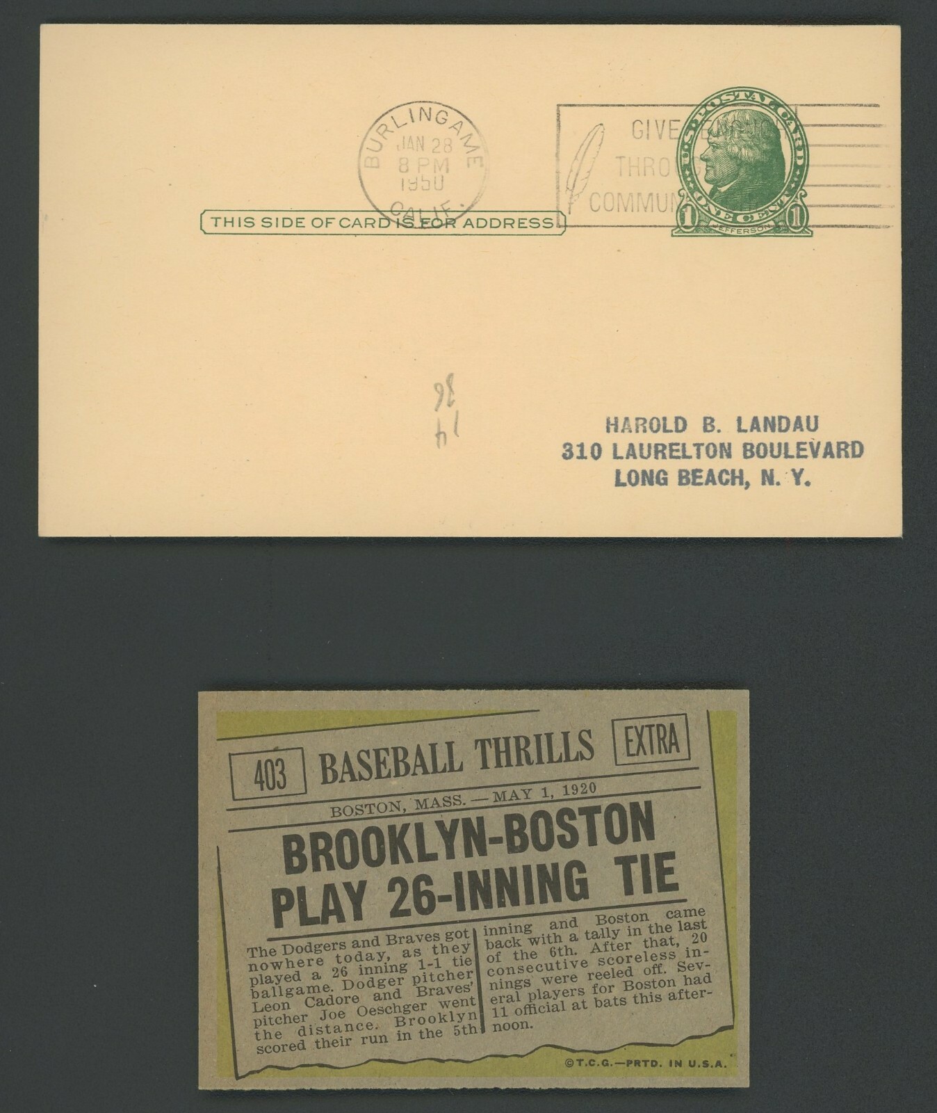 Joe Oeschger (d.1986) AUTOGRAPHED Postcard MLB Boston Braves Baseball ...