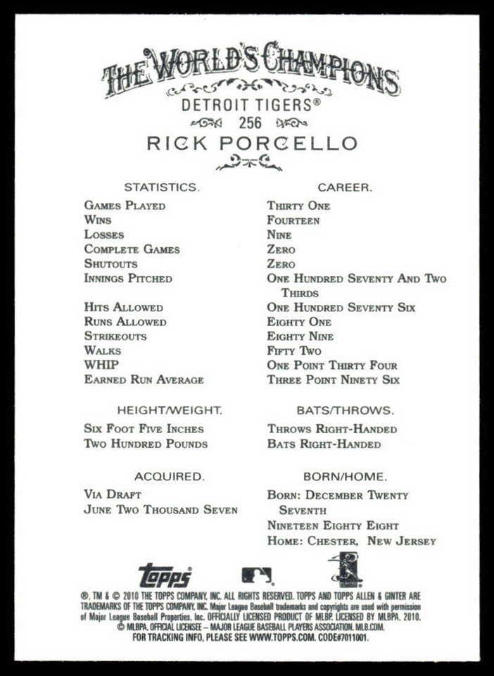 2010 Topps Allen & Ginter Rick Porcello #256 Detroit Tigers | eBay