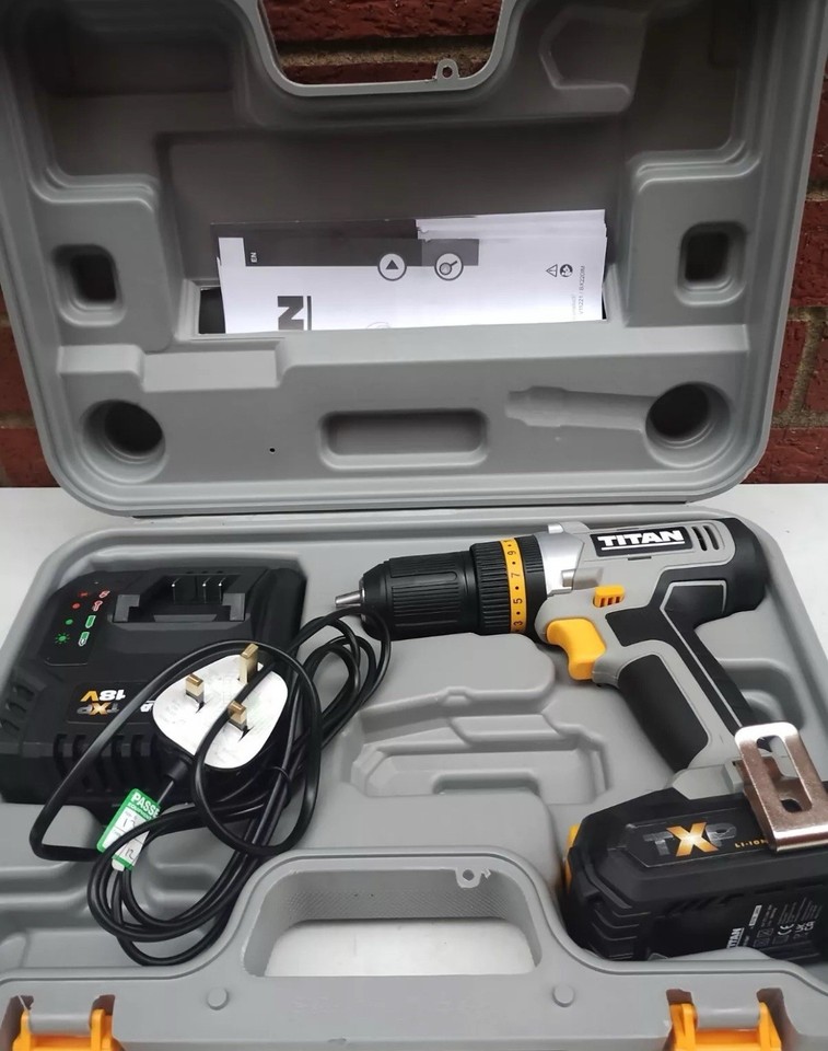 Titan Combi Drill Driver Set Cordless 18V 2Ah Li-Ion Batteries Charger ...