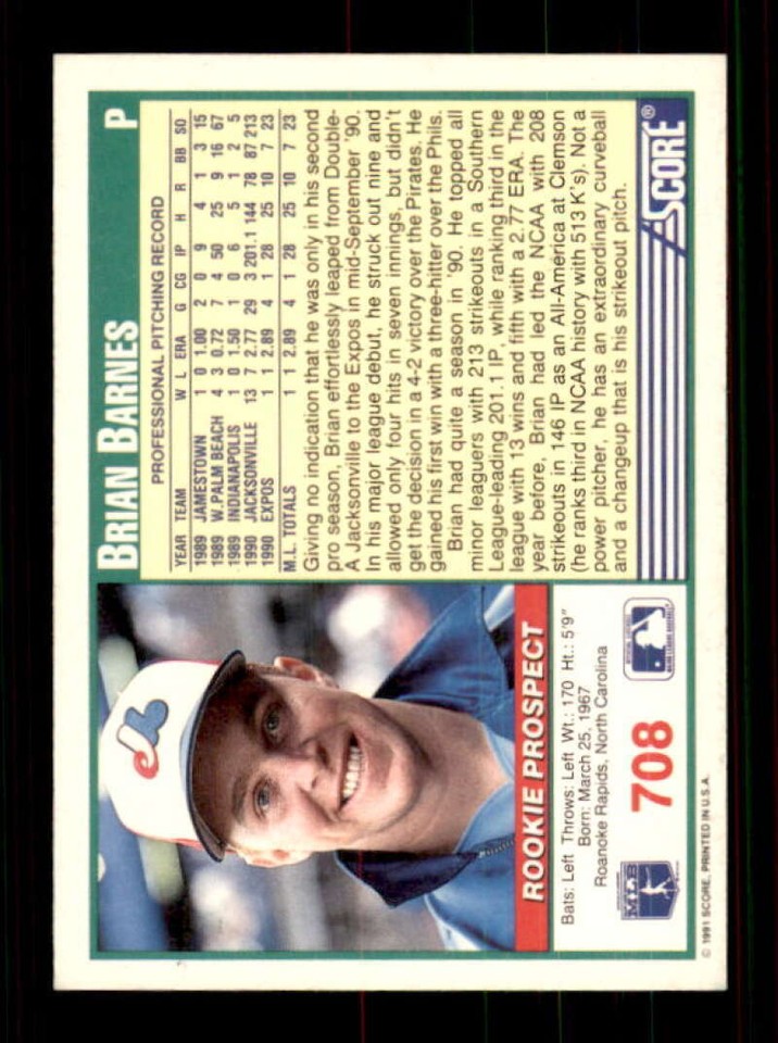 1991 Score #708 Brian Barnes AUTOGRAPHED!!! RC Rookie Expos 237000 | eBay