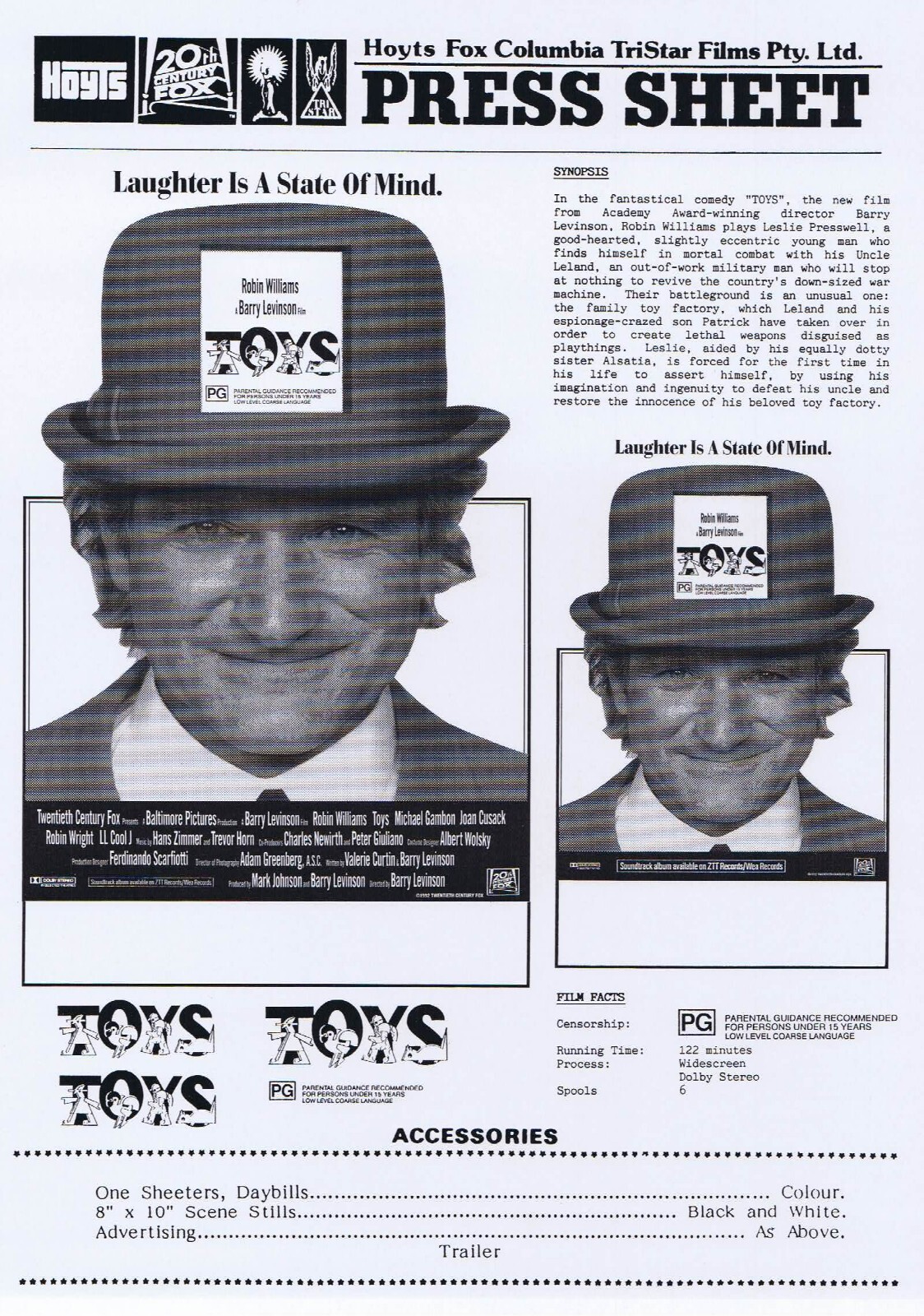 TOYS Original Australian Movie Press Sheet Robin Wiliams Michael Gambon ...