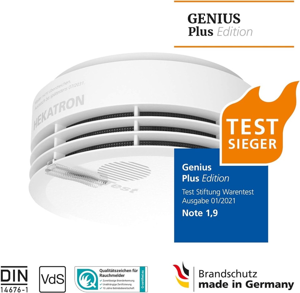 Hekatron Genius PLUS Smoke Detector/Fire Alarm with Built-In Battery ...