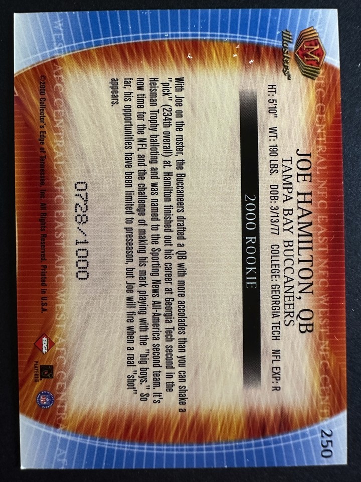 Joe Hamilton 2000 Collector's Edge Masters Football Card /1000 ...