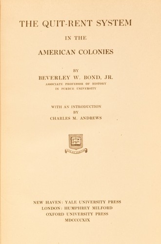 1919 1st HC, The Quit-Rent System in the American Colonies by Beverly W ...