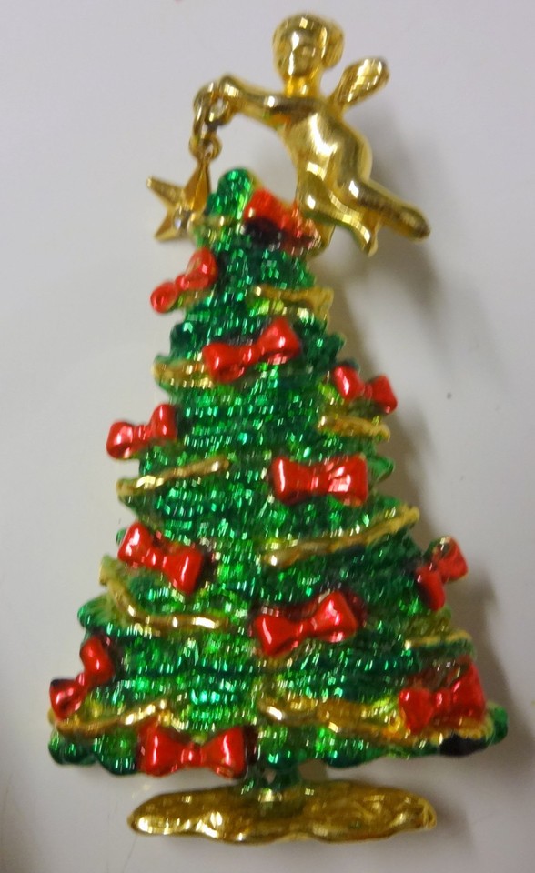 Vintage Signed AJC Rhinestone Star Angel Enamel Christmas Tree Pin ...