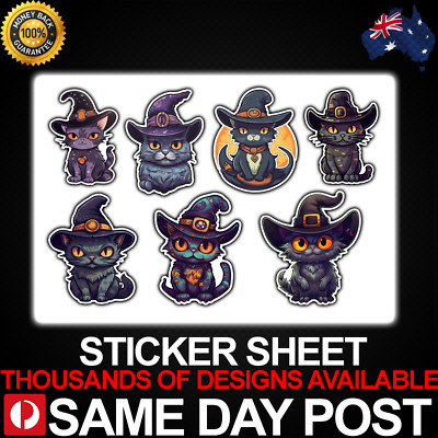 CUTE WITCHY CATS Vinyl Sticker Sheet Car Decal Cheap Animal Pet Kitten ...