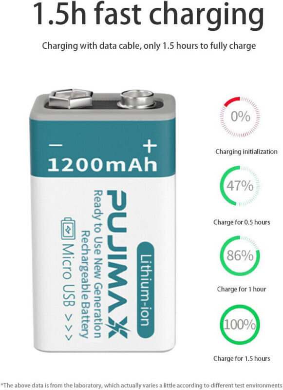 1200mAh 9v Battery USB Rechargeable Lithium 6f22 PP3 Block 9volt Li-ion ...