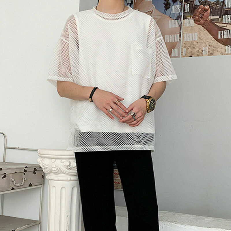 Men 2Pcs Vest + T-shirt Fishnet Mesh Tee Shirt Short Sleeve Top See ...