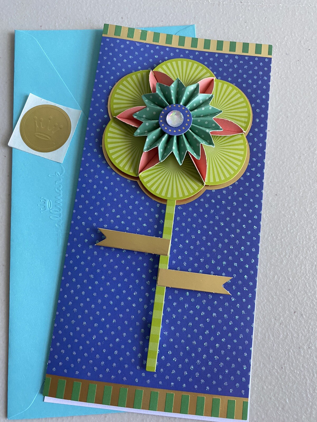 3D Paper Flower HALLMARK Greeting Card/Envelope/Gold Crown Seal BLANK ...