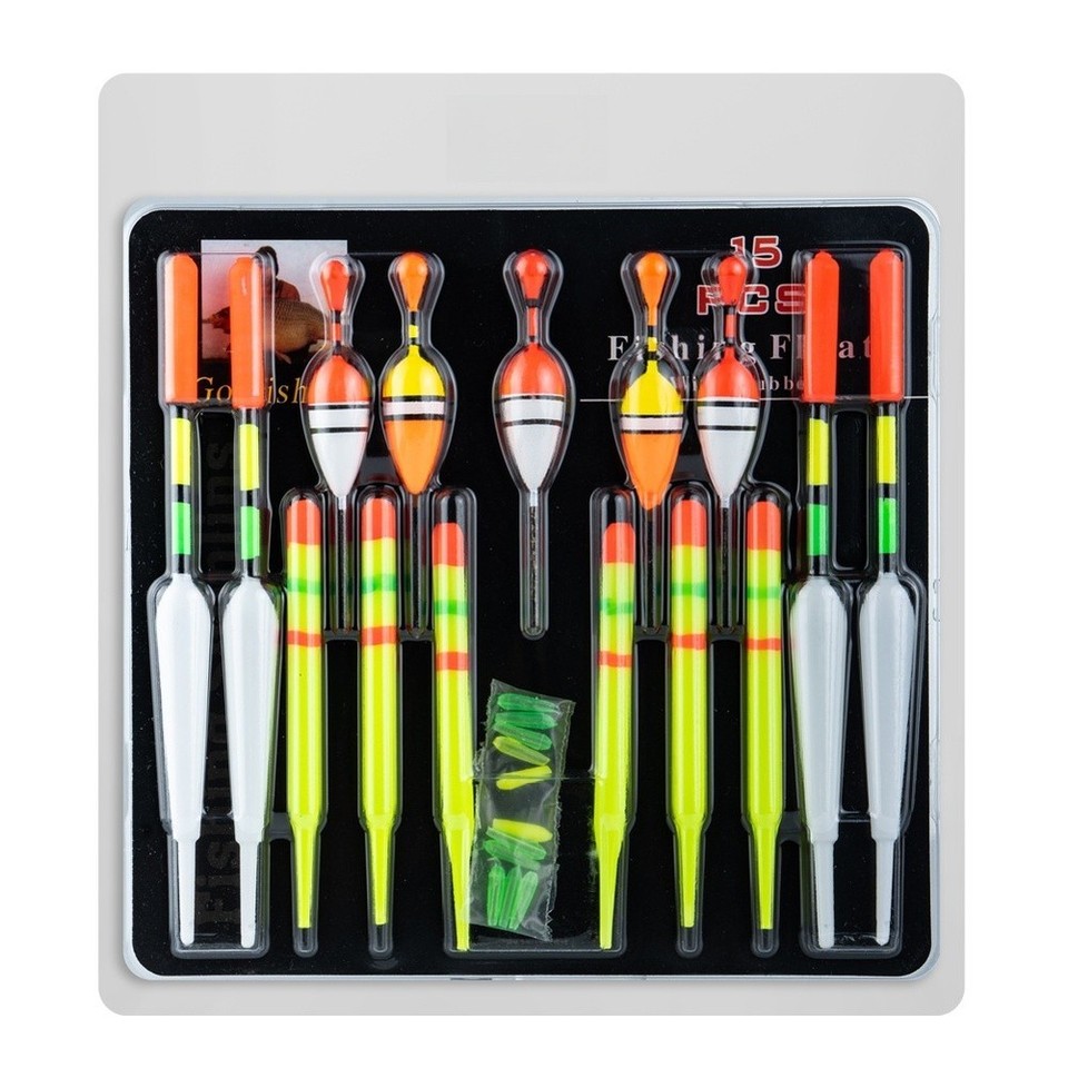 15 Piece Fishing Float Bobbers Set Plastic with Foam for Different Fish ...