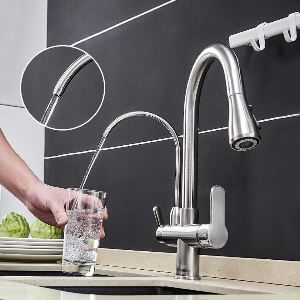 Kitchen Faucet Swivel Spout Pull Out Spray Water Filter Tap Three Way ...