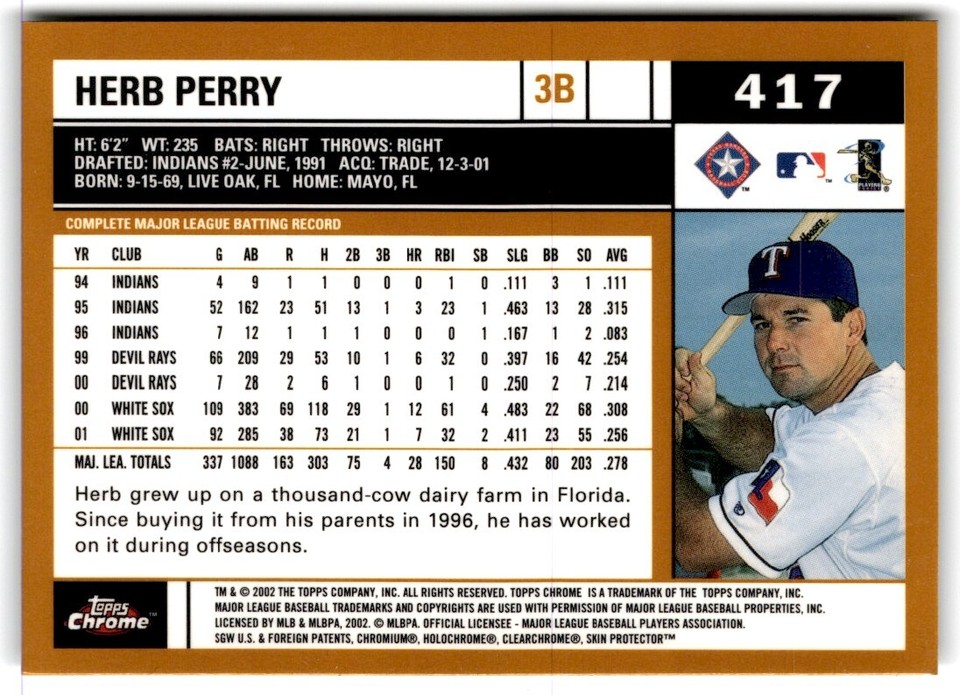 2002 Topps Chrome Herb Perry Texas Rangers #417 | eBay